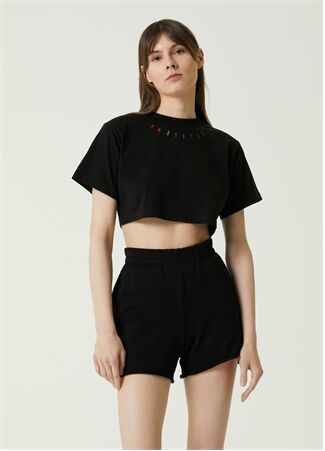 Bassigue Kadın Siyah Bisiklet Yaka Crop T-shirt M EU