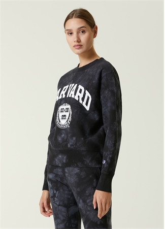 Champion Kadın Bisiklet Yaka Batik Desenli Sweatshirt Siyah XS EU