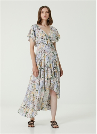 Maje Kadın Bej V Yaka Çiçekli Midi Anvelop Elbise 34 FR