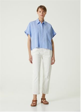 Beymen Club Kadın Mavi Çizgili Kısa Kol Poplin Gömlek L