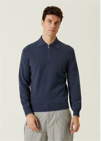 Brunello Cucinelli Erkek Lacivert Polo Yaka Yün Kazak 48 IT Brunello Cucinelli Erkek Lacivert Polo Yaka Yün Kazak 48 IT