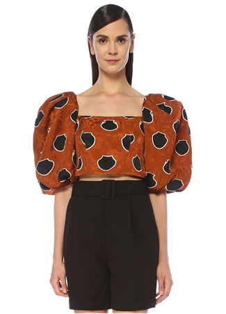 Johanna Ortiz Kadın Taba Puantiyeli Balon Kol Crop Bluz Turuncu 6 US