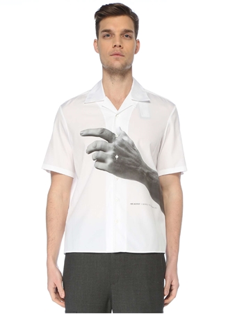 Neil Barrett Erkek Beyaz Kamp Yaka Baskılı Kısa Kol Gömlek S EU