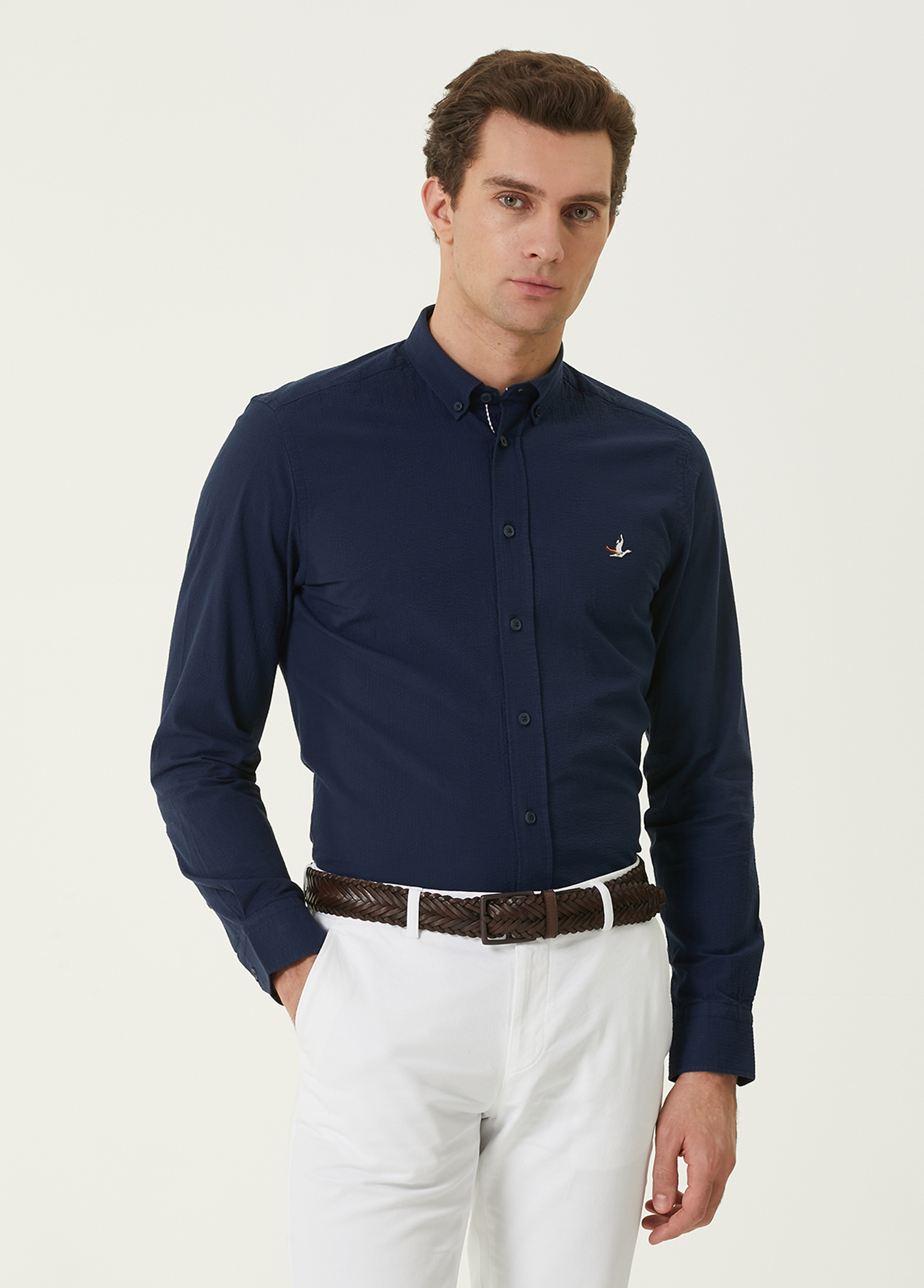 Beymen Club - Slim Fit Lacivert Zincir Dikişli Gofreli Gömlek - Lacivert