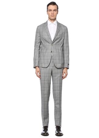 Pal Zileri Erkek Gri Kelebek Yaka Kareli Yün Takım Elbise 44 IT