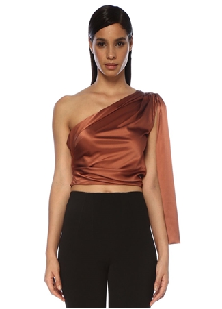 Johanna Ortiz Kadın Tek Omuzlu Drapeli İpek Saten Bluz Kahverengi 4 US