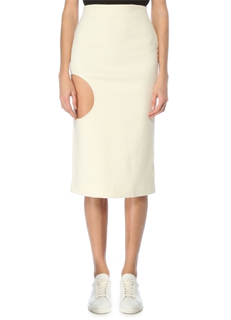 Off-White Kadın Ekru Yüksek Bel Dekolte Detaylı Midi Yün Etek Bej 42 IT
