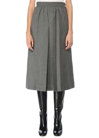Fendi Kadın Gri Yüksek Bel Pilili Midi Yün Etek 40 IT