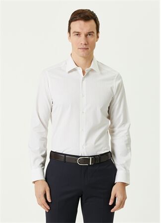 Pal Zileri Erkek Beyaz Bordo Çizgi Desenli Gömlek 40 IT