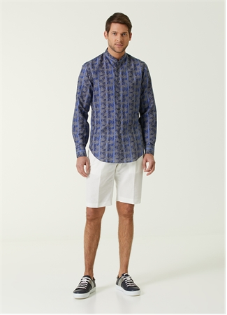Pal Zileri Erkek Lacivert Hakim Yaka Palmiye Desenli Keten Gömlek 42 IT