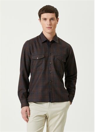 Luciano Barbera Erkek Kahverengi Ekoseli Yün Gömlek L EU Luciano Barbera Erkek Kahverengi Ekoseli Yün Gömlek L EU
