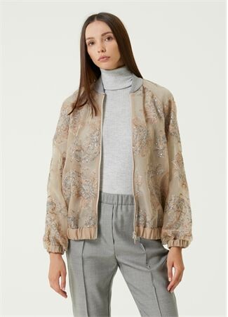 Brunello Cucinelli Kadın Bej Dik Yaka İşlemeli İpek Hırka S EU