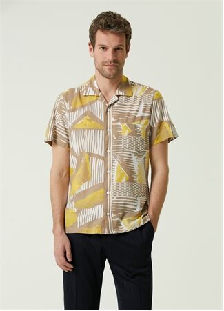 Boss Erkek Bej Sarı Desenli Kısa Kol Gömlek XXL EU