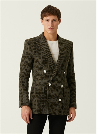 Balmain Erkek Siyah Haki Logo Desenli Kruvaze Ceket 50 IT Balmain Erkek Siyah Haki Logo Desenli Kruvaze Ceket 50 IT