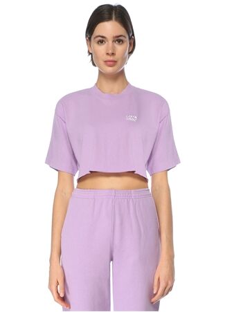 Livincool Kadın Lila Bisiklet Yaka Crop T-shirt Mor S EU
