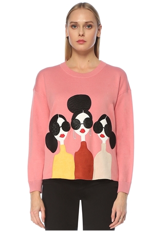 Alice+Olivia Kadın Pembe Bisiklet Yaka Nakışlı Kazak S EU