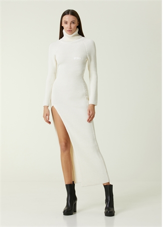 Gcds Kadın Beyaz Balıkçı Yaka Yırtmaçlı Maksi Yün Elbise S EU