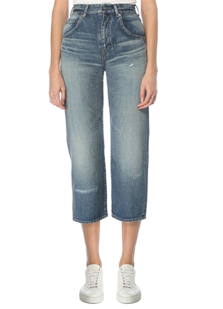 Kadın 70s Yüksek Bel Crop Jean Pantolon Mavi 25 US