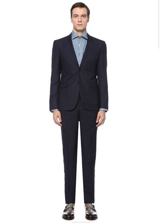 Palzileri Lab Erkek Lacivert Yakası Şeritli Yün Takım Elbise 48 IT
