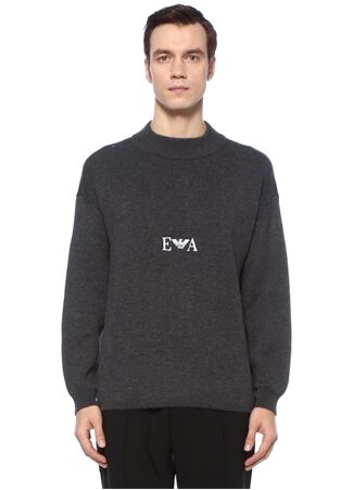 Emporio Armani Erkek Gri Logo Detaylı Yün Kazak S EU