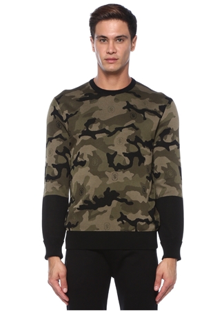 Neil Barrett Erkek Haki Siyah Bloklu Kamuflaj Desenli Kazak M EU