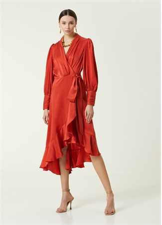 Zimmermann Kadın Kırmızı Asimetrik Midi Kruvaze İpek Elbise 0 US