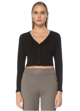 Fifty Pieces Kadın Siyah V Yaka Düğmeli Uzun Kol Crop T-shirt Xs Eu