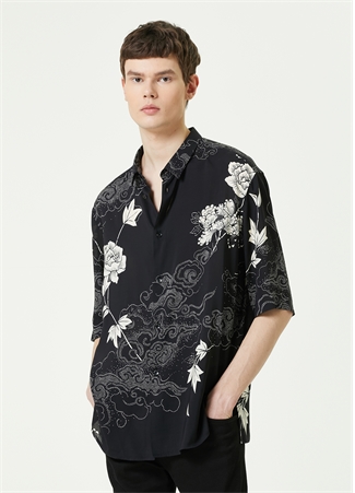 Erkek Siyah Beyaz Taşlı Çiçek İşlemeli Kısa Kollu Gömlek 4 IT