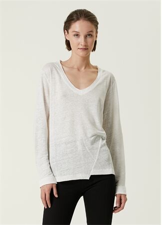Lol Kadın Beyaz V Yaka Uzun Kollu Keten T-shirt SM EU