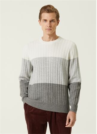 Brunello Cucinelli Erkek Gri Çizgi Dokulu Bisiklet Yaka Yün Triko 52 IT