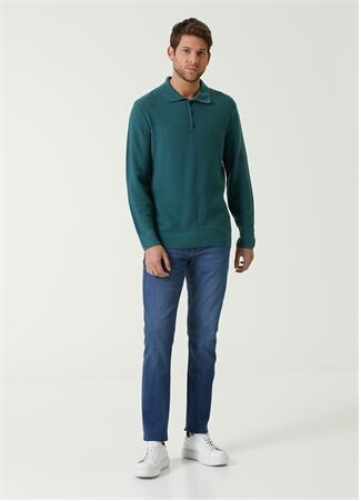 Pal Zileri Erkek Petrol Polo Yaka Yün Sweatshirt Yeşil 50 IT