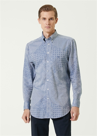 Etro Erkek Mavi Düğmeli Yaka Etnik Desenli Gömlek 38 IT