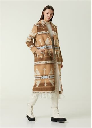 Frontstreet 8 Kadın Camel Desenli Püskül Detaylı Uzun Ceket Kahverengi 44 IT