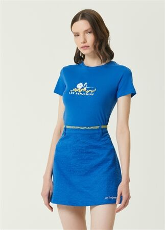 Les Benjamins Kadın Mavi Bisiklet Yaka Baskılı T-shirt L Eu