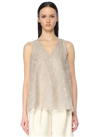 Brunello Cucinelli Kadın Gri V Yaka İşlemeli Kolsuz İpek Bluz S EU