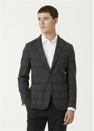 Canali Erkek Gri Ekose Desenli Ceket 54 IT