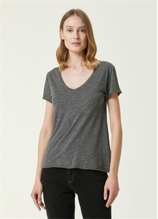 American Vintage Kadın Antrasit V Yaka T-shirt Gri S EU