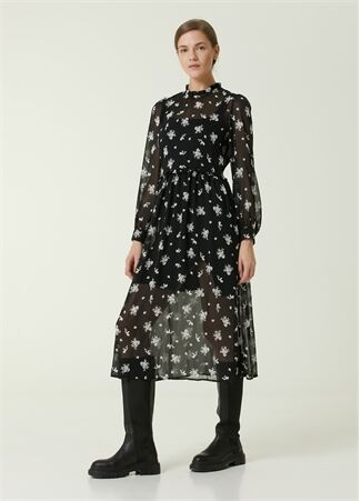 Beymen Club Kadın Siyah Dik Yaka Gül Desenli Midi Şifon Elbise 36