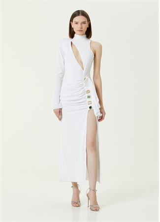 Raisa Vanessa Kadın Beyaz Dik Yaka Asimetrik Maksi Abiye Elbise 36 EU