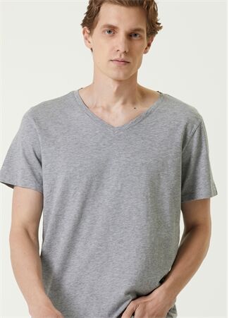 Bassigue Erkek Gri V Yaka Slogan Nakışlı T-shirt S EU
