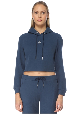 Bassigue Kadın Veil Kapüşonlu Dokulu Logolu Cropped Sweatshirt Lacivert L EU