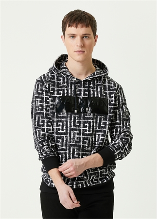 Balmain Erkek Siyah Beyaz Kapüşonlu Logo Desenli Sweatshirt S EU Balmain Erkek Siyah Beyaz Kapüşonlu Logo Desenli Sweatshirt S EU