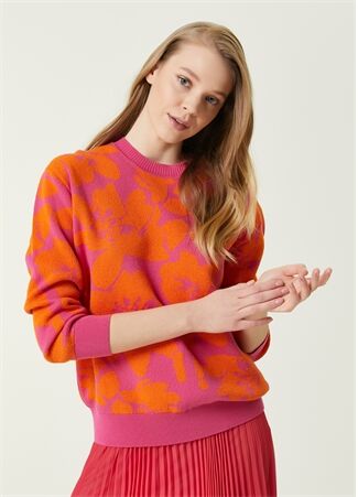 Beymen Club Kadın Pembe Bisiklet Yaka Çiçek Jakarlı Kazak Turuncu XS