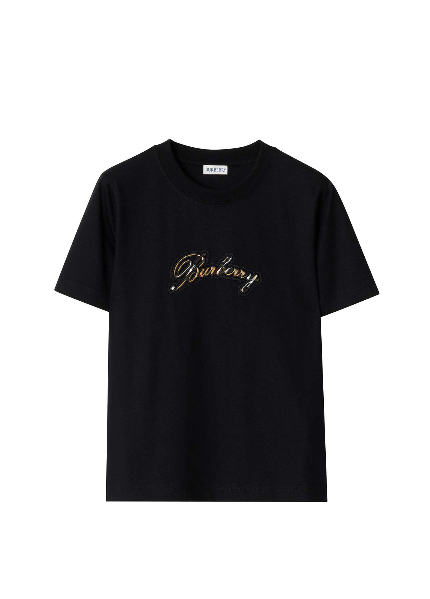 Burberry Siyah Kadın Check Cursive Logo Cotton Siyah Kısa Kollu Kadın T ...