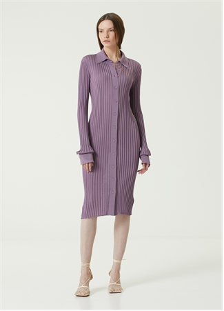Bottega Veneta Kadın Lila Polo Yaka Ribli Midi İpek Triko Elbise Mor S EU Bottega Veneta Kadın Lila Polo Yaka Ribli Midi İpek Triko Elbise Mor S EU