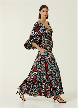 La Doublej Kadın Bella V Yaka Çiçekli Maksi İpek Elbise S EU