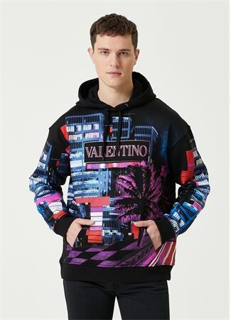 Valentino Erkek Siyah Kapüşonlu Şehir Detaylı Sweatshirt S EU