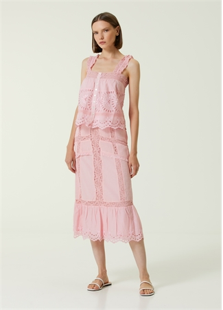 Love Shack Fancy Kadın Pembe Dantel Garnili Midi Etek S EU