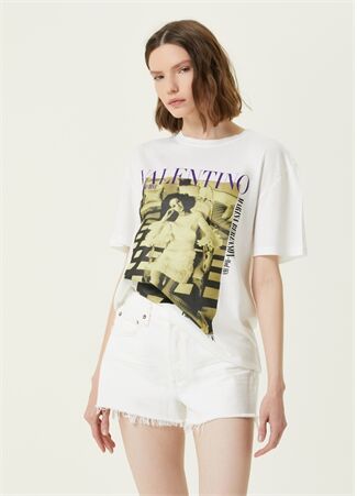 Valentino Kadın Beyaz Bisiklet Yaka Baskılı T-shirt Xs Eu