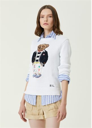 Polo Ralph Lauren Kadın Bear Beyaz Bisiklet Yaka Kazak S EU